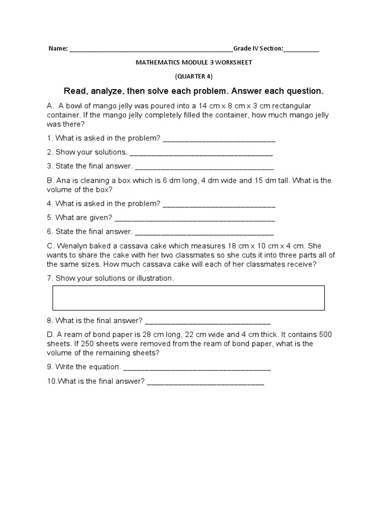 Grade IV Math Volume Problems Worksheet | PDF | Home & Garden | Art