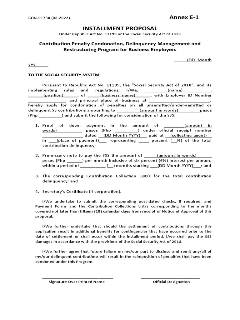Annex E-1 - Installment Proposal | PDF