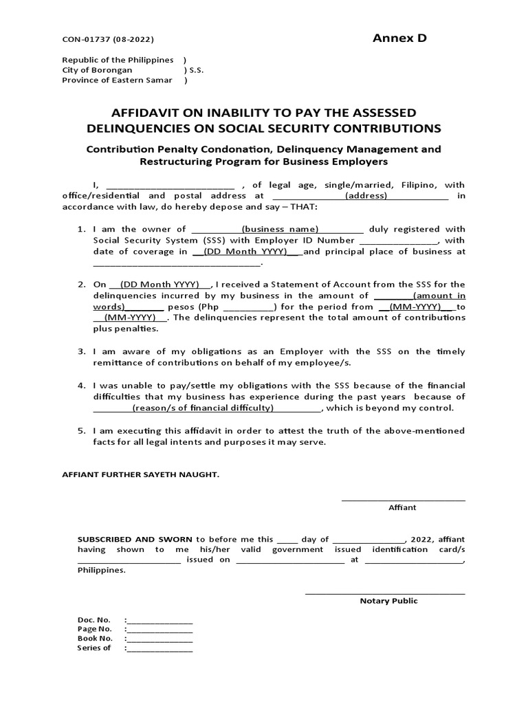 Annex D - Affidavit On Inability To Pay Assessed Delinquencies | PDF Annex D - Affidavit On Inability To Pay Assessed Delinquencies | PDF