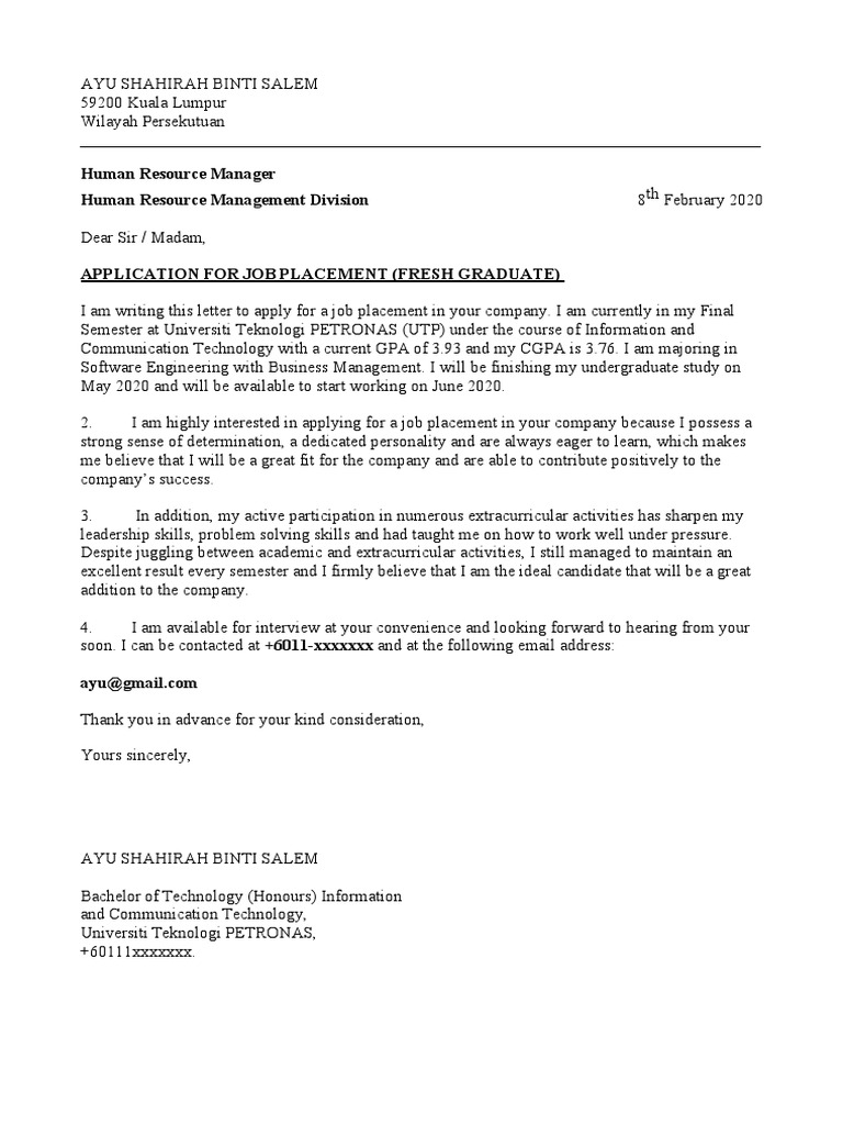 Cover Letter Fresh Graduate | PDF