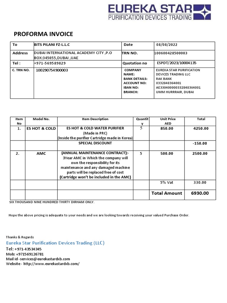 Proforma Invoice for Water Purifier Purchase | PDF | Business