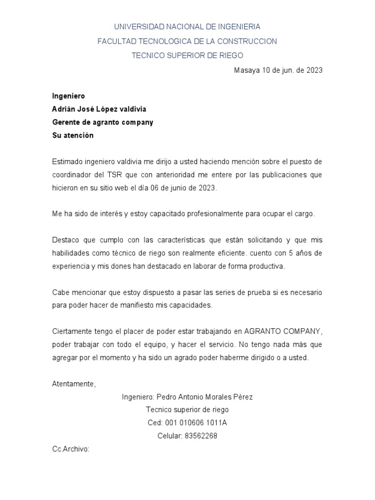 Solicitud para Coordinador TSR | PDF