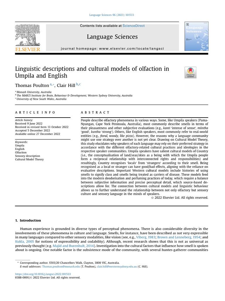 Linguistic Descriptions and Cultural Models of Olfaction in Umpila and ...