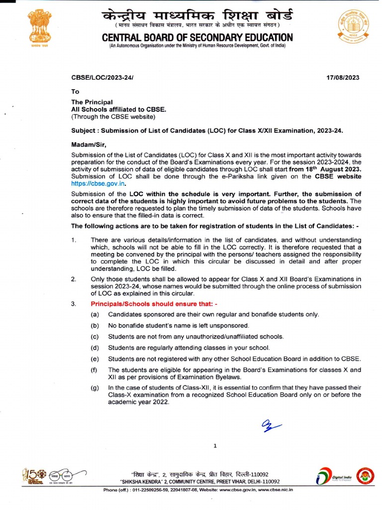Submission LOC Classes X XII 2023-24-17082023 | PDF