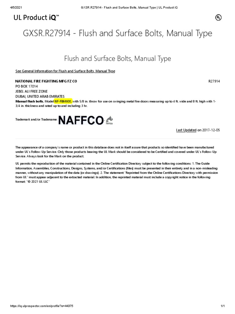 Manual Flush Bolts UL Certificate | PDF