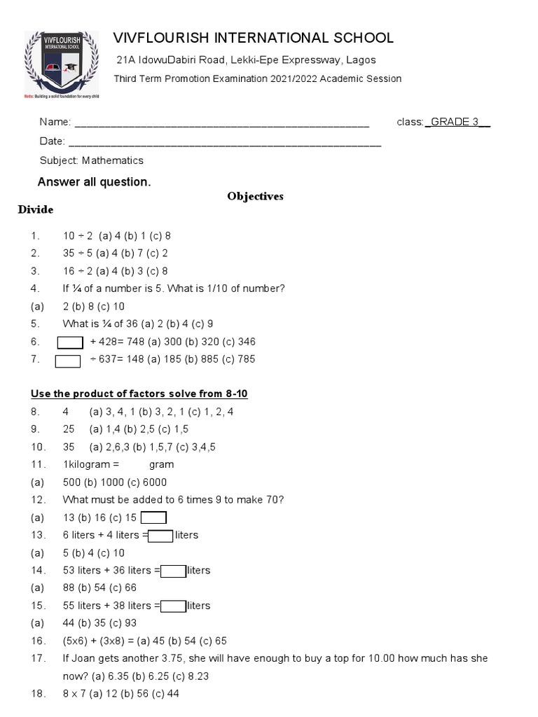 Grade 3 Third Term Exam Papers | PDF
