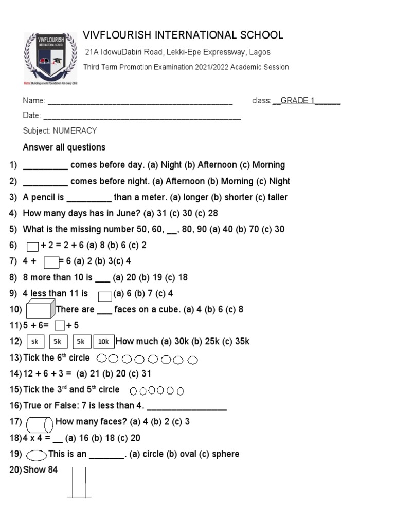 Grade1 Third Term Exam | PDF