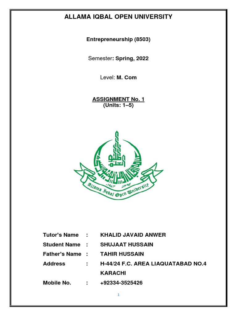 1st Assignment Spring, 22 (8503) Entrepreneurship | PDF