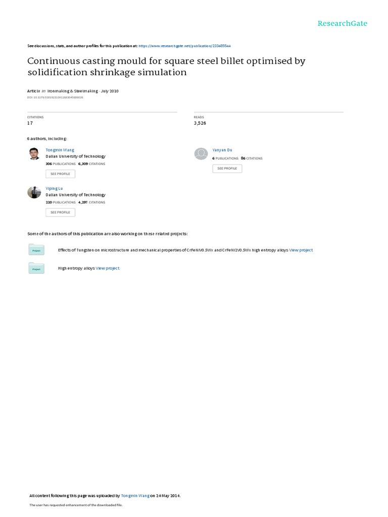 Continuous Casting Mould For Square Steel Billet Optimised by ...
