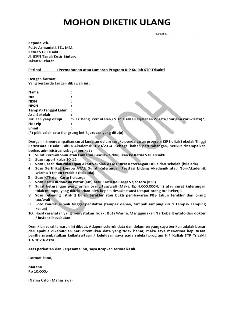 2023format Surat Lamaran Beasiswa Kip STP Trisakti | PDF