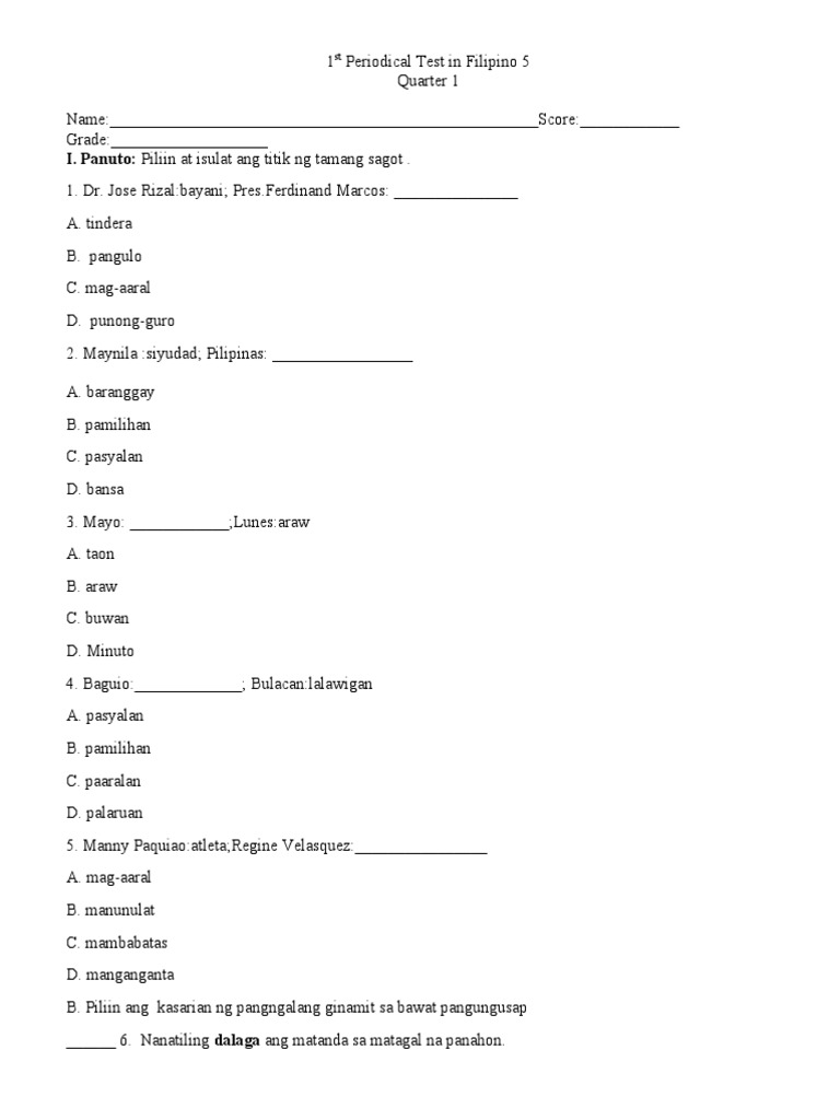 1st Periodical Test in Filipino 5 | PDF
