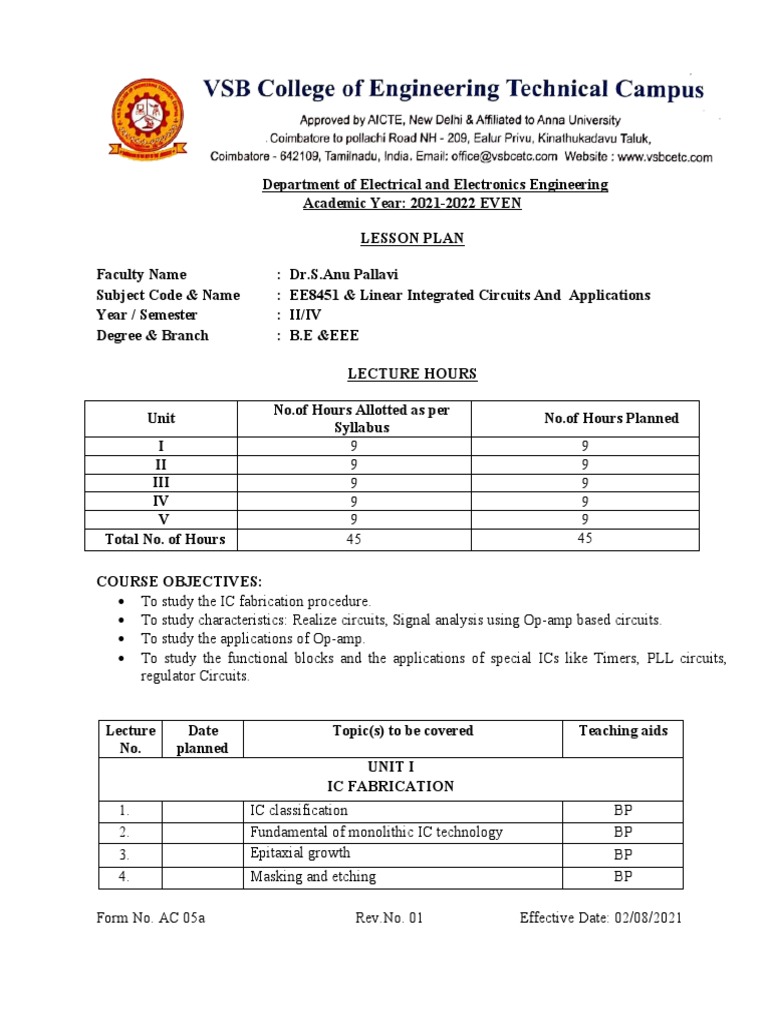 04-Lesson Plan - Lic | PDF | Operational Amplifier | Amplifier