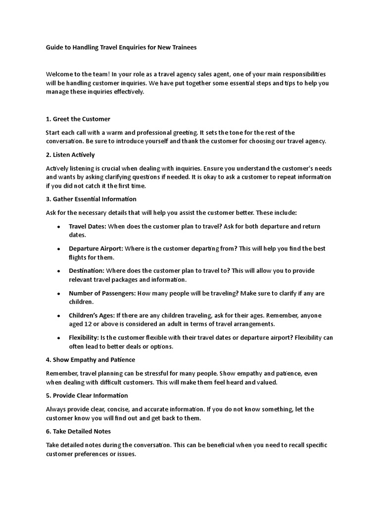 Guide To Handling Travel Enquiries For New Trainees | PDF