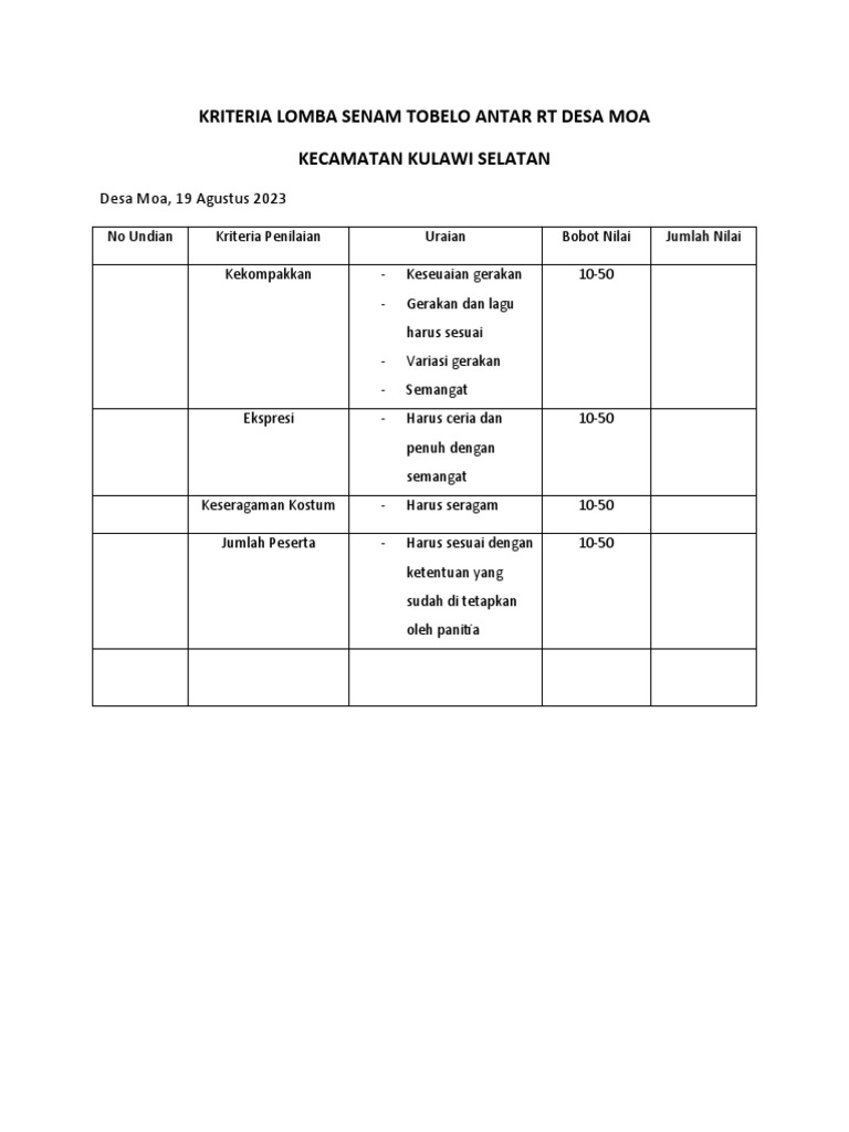 Kriteria Lomba Senam Tobelo Antar RT Desa Moa | PDF