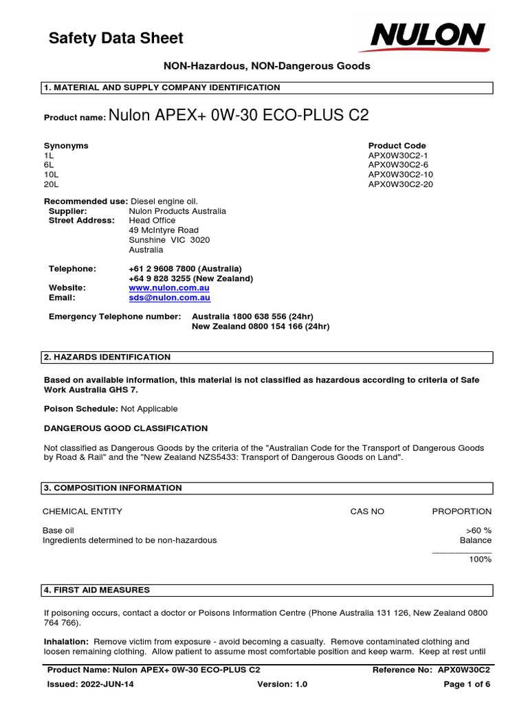 Nulon APEX 0W-30 ECO-PLUS C2-SDS | PDF