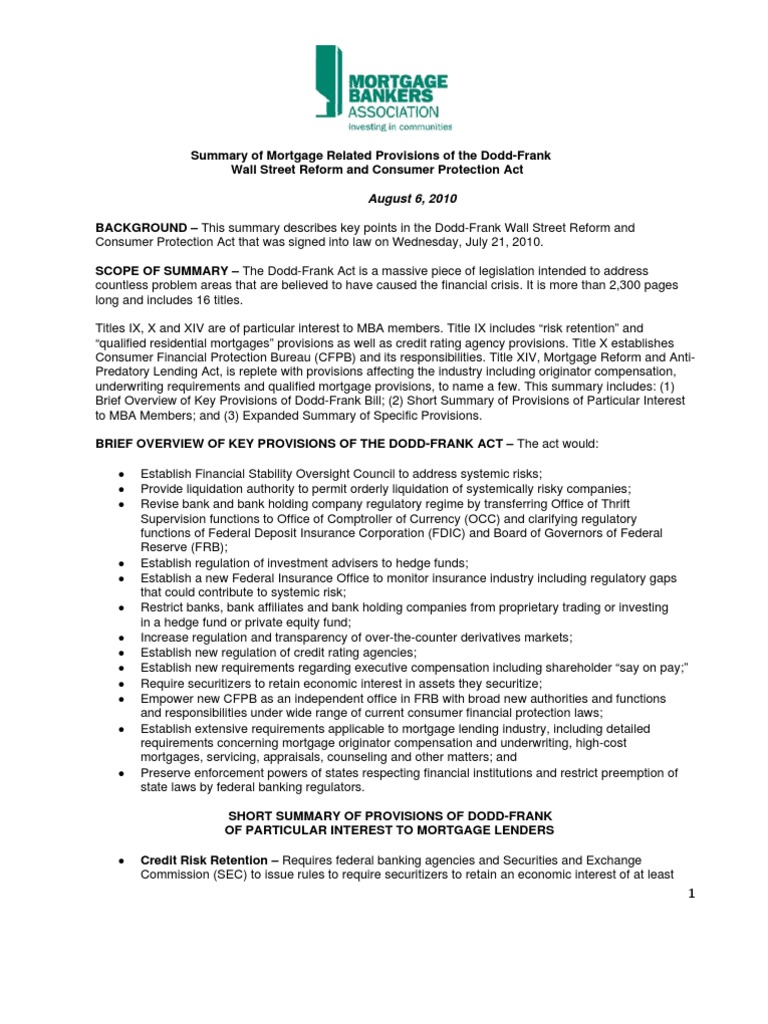 MBASummaryof Dodd Frank | PDF | Dodd–Frank Wall Street Reform And ...