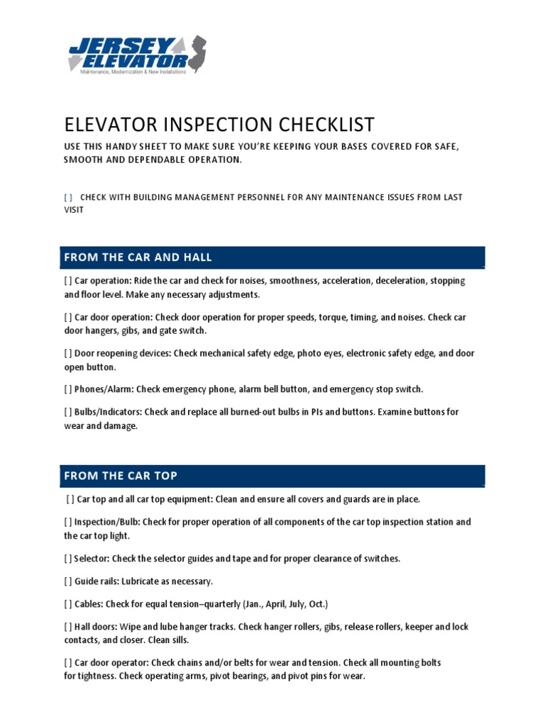 Elevator Checking List Procedure | PDF | Business | Home & Garden