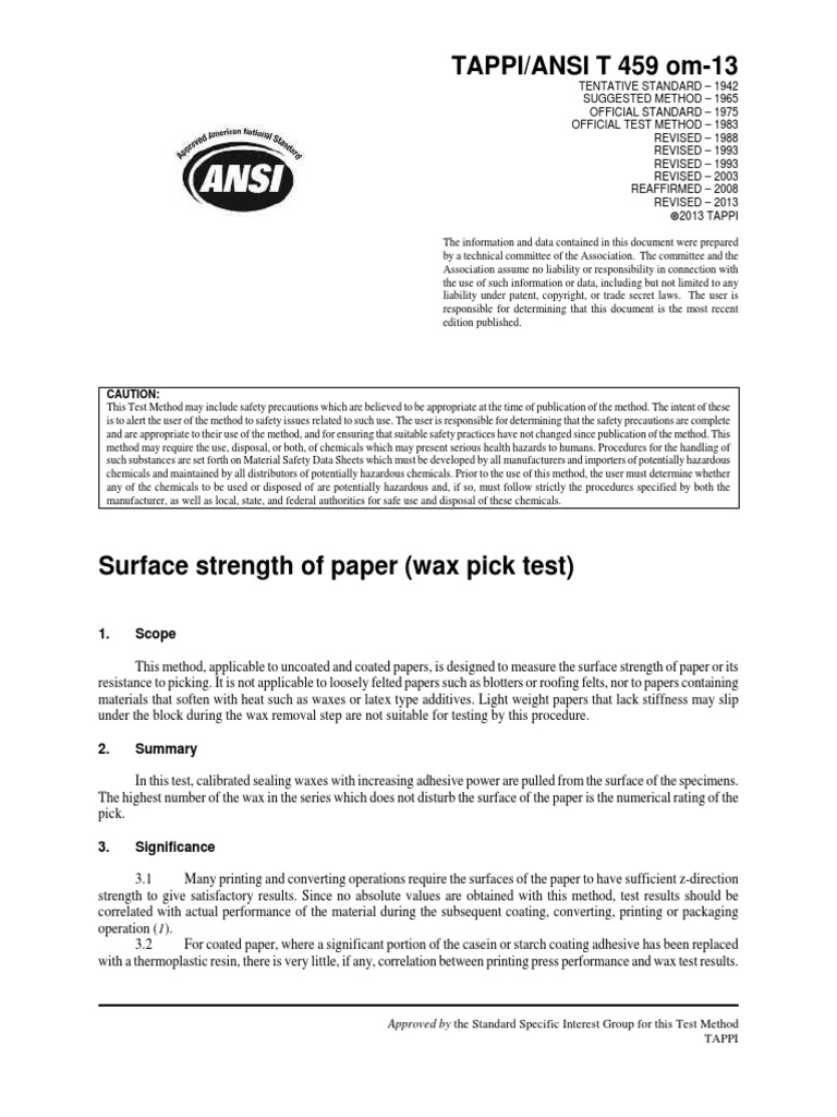 Surface Strength of Paper (Wax Pick Test) T 459 Om-13 | PDF