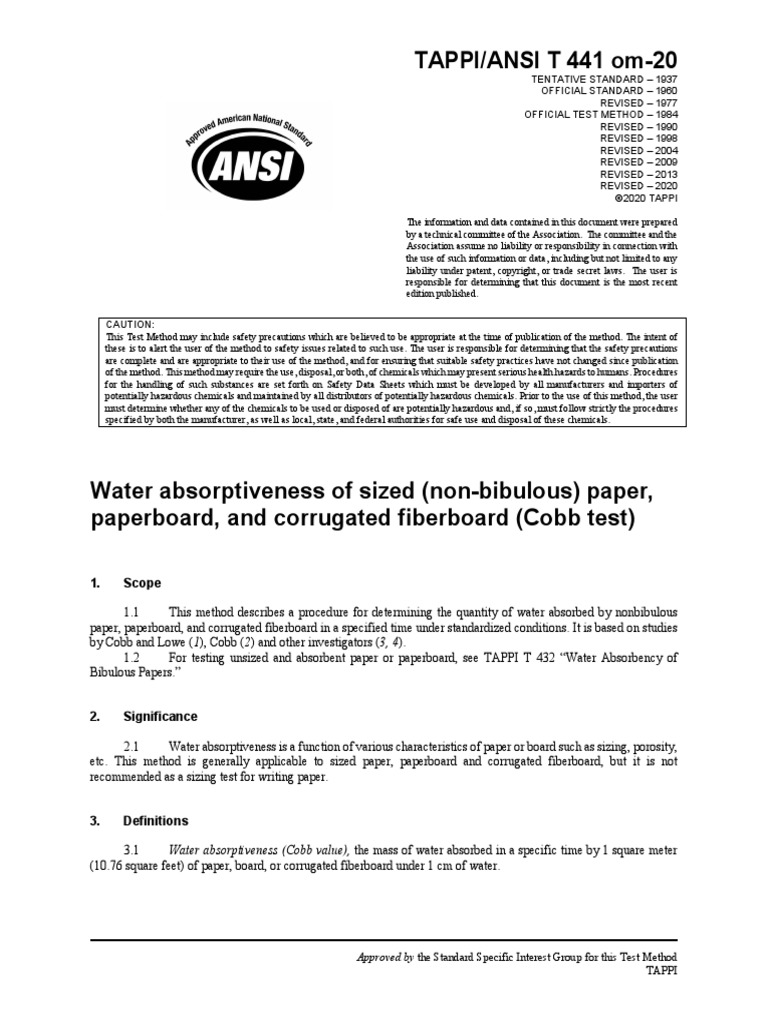 Paperboard and Corrugated Fiberboard (Cobb Test) T 441 Om-20 | PDF