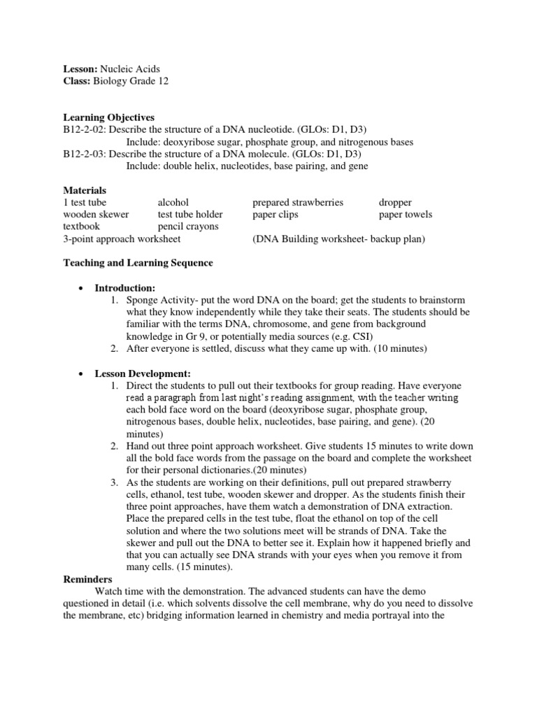 Lesson: Nucleic Acids Class: Biology Grade 12 | PDF | Language Arts ...