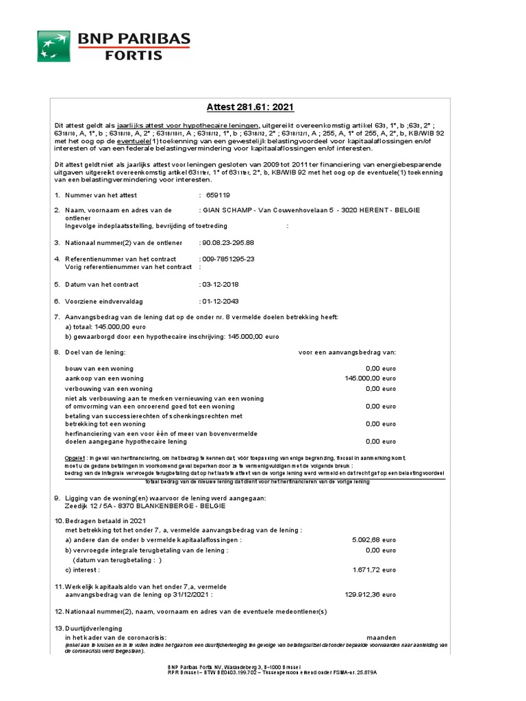 Woonkrediet - Fiscaal Attest - Aanslagjaar 2022 | PDF