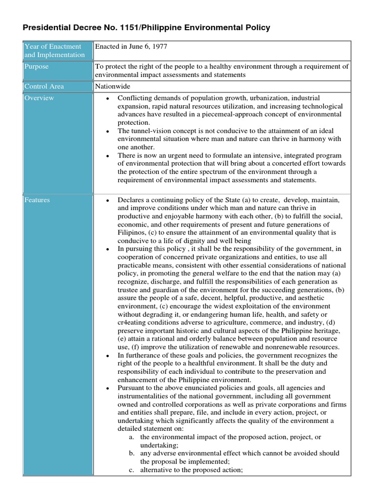 PD 1151 (Philippine Environmental Policy-Summary) | PDF | Environmental ...
