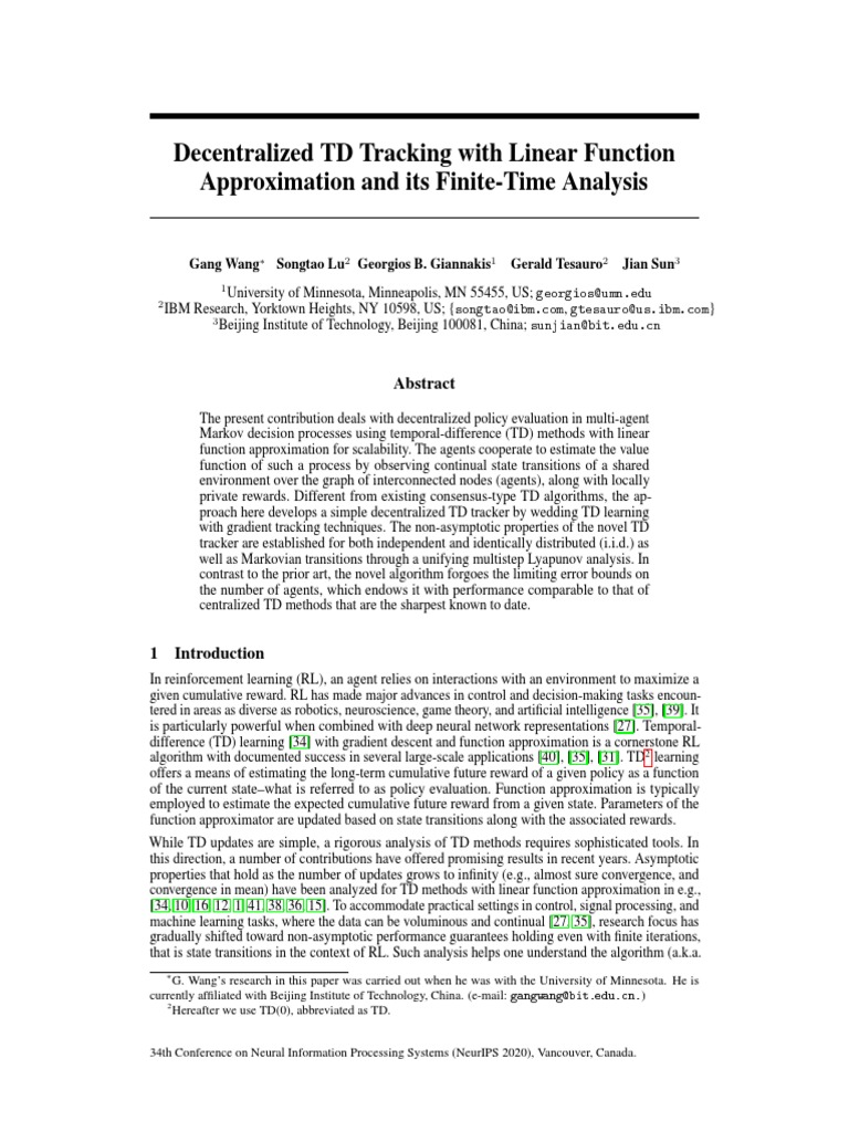 Neurips 2020 Decentralized Td Tracking With Linear Function Approximation And Its Finite Time