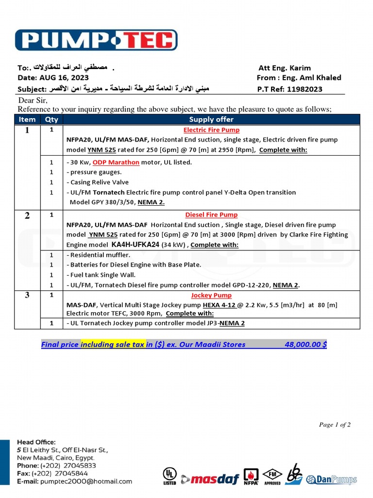 Offer UL FM - Ynm 525 250gpm@ 70m - 30 34kw | PDF | Pump | Diesel Engine