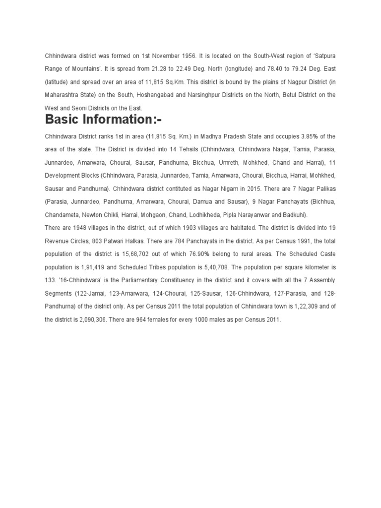 Chhindwara District: Area and Population | PDF