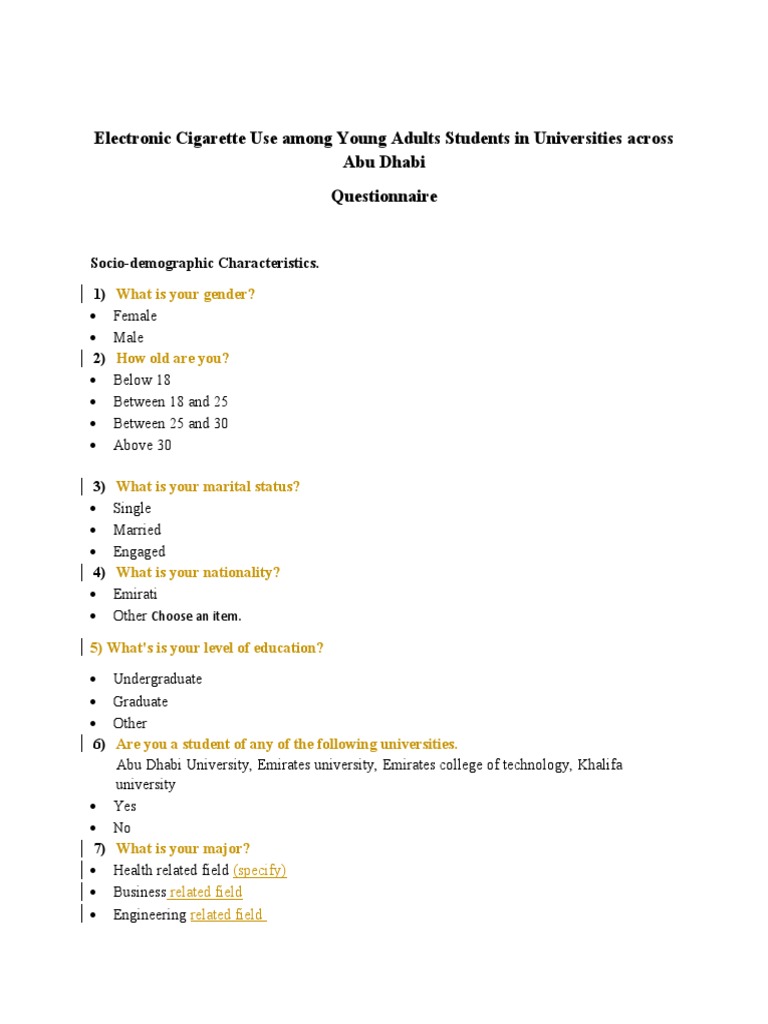 QUESTIONNAIRE Last Edit | PDF | Electronic Cigarette | Tobacco Smoking