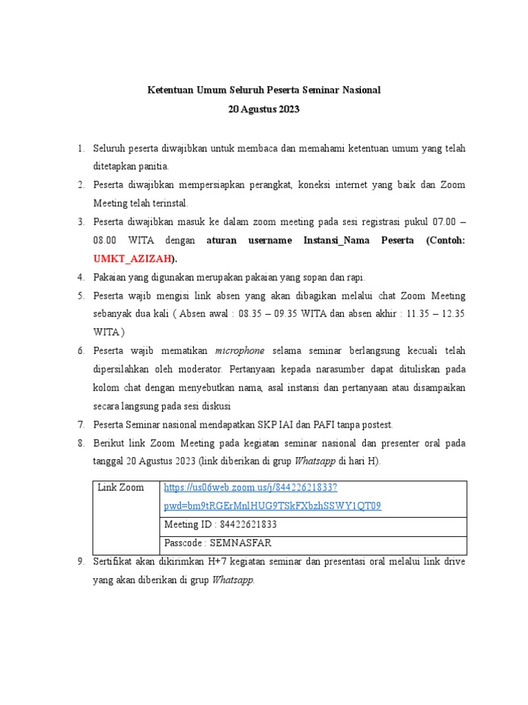 Ketentuan Peserta Seminar Nasional 2023 | PDF