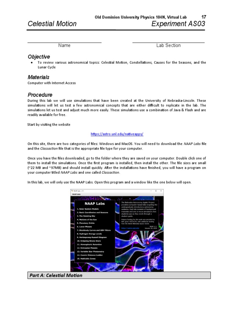 Physics 104N: Celestial Motion Lab | PDF | Teaching Methods & Materials | Science & Mathematics
