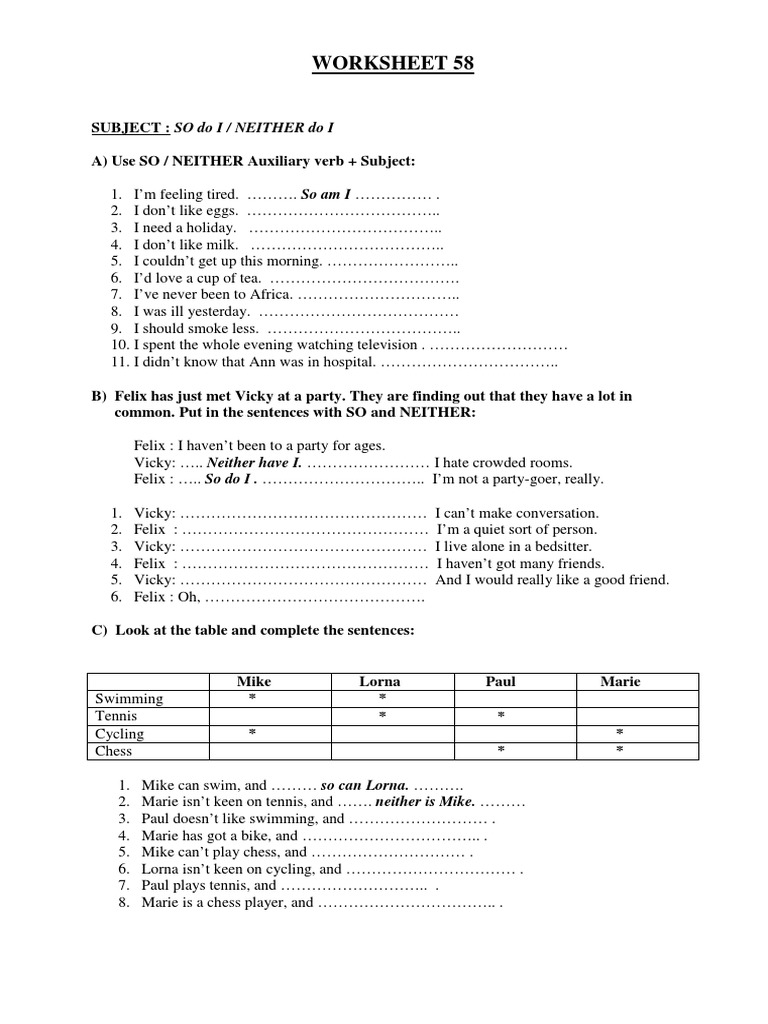 Good Morning Worksheet: So/Neither | PDF