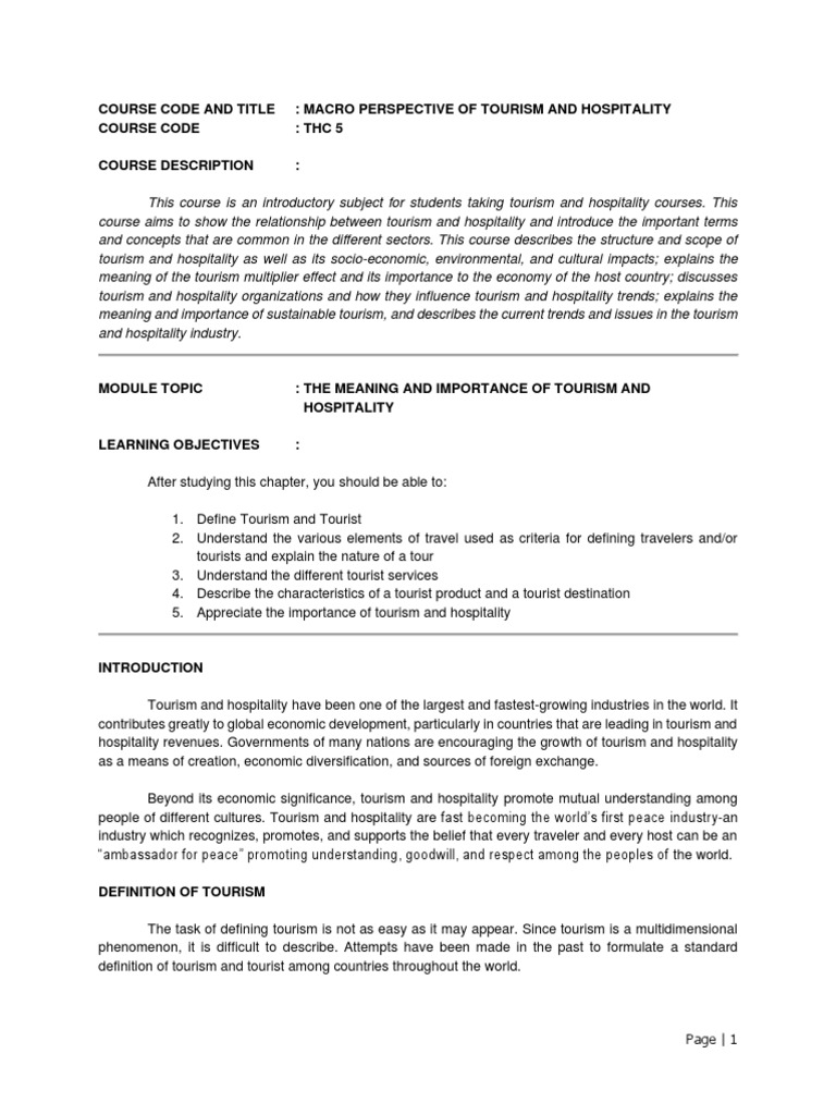 THC5 C1 The Meaning and Importance of Tourism and Hospitality | PDF ...