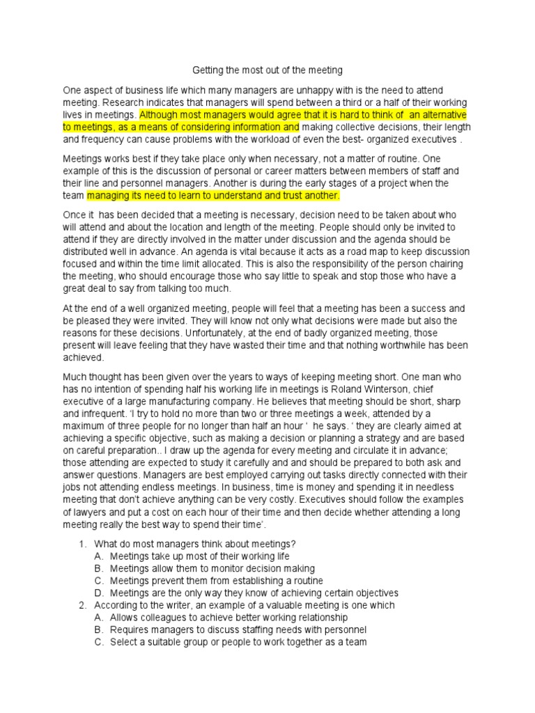 Reading Comprehension - Getting The Most Out of The Meeting-1 | PDF