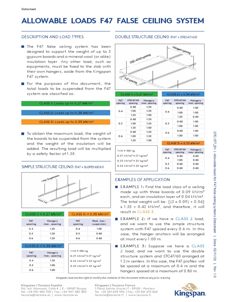 Kingspan - F47-TZ Suspended Ceiling Load Table - Datasheet - Spain - EN | Download Free PDF ...