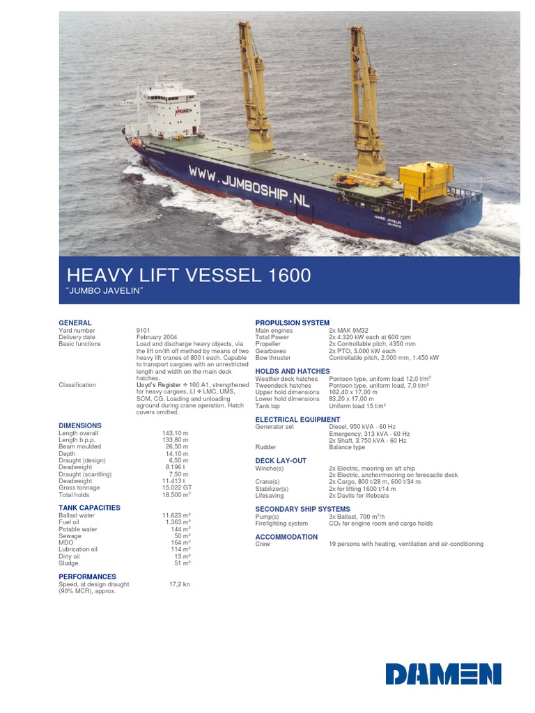 Product Sheet Damen Heavy Lift Vessel 1600-02-2004 | PDF