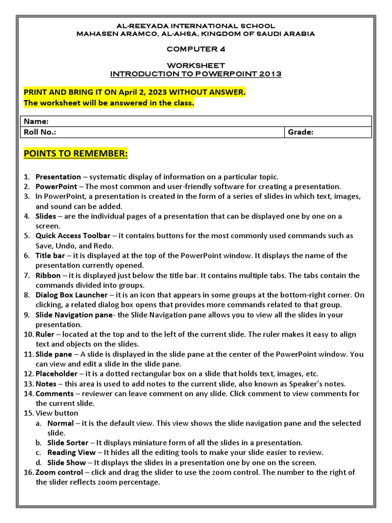 Worksheet Introduction To Powerpoint 2013 | PDF | Window (Computing) | Microsoft Power Point