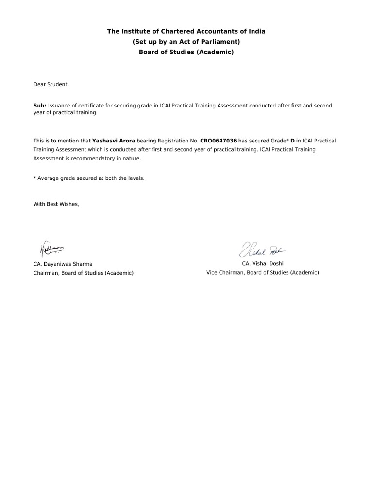 ICAI Practical Training Certificate | PDF