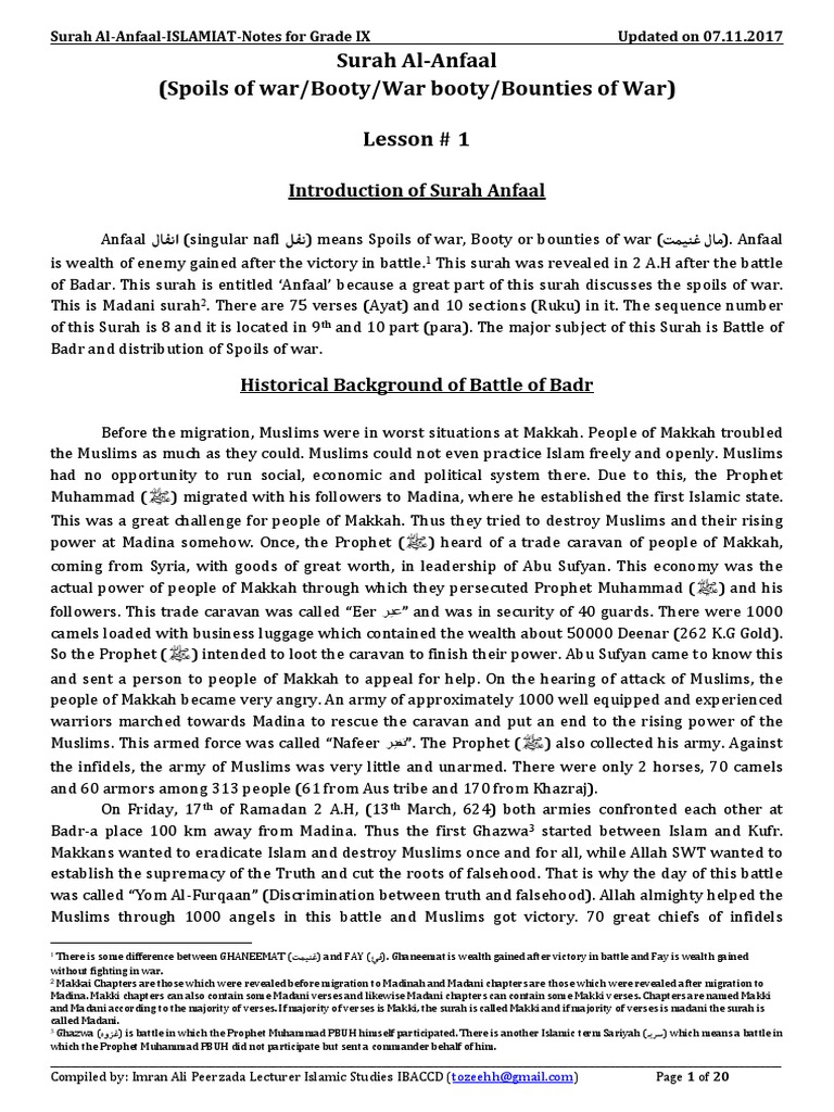 Surah Anfaal Notes | PDF | Muhammad | Prophets And Messengers In Islam