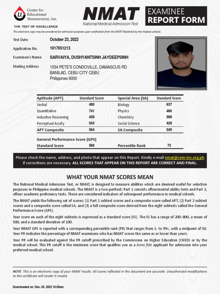 Nmat Test Result-1017051213 | PDF | Medical School | Reference Range