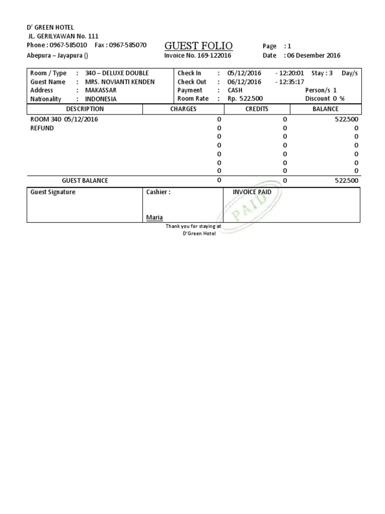 Guest Invoice for D' Green Hotel | PDF