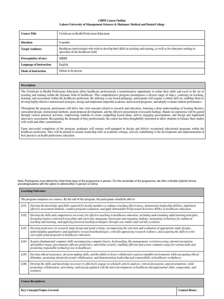 LUMS Outline For Certificate in Health Professions Education ...
