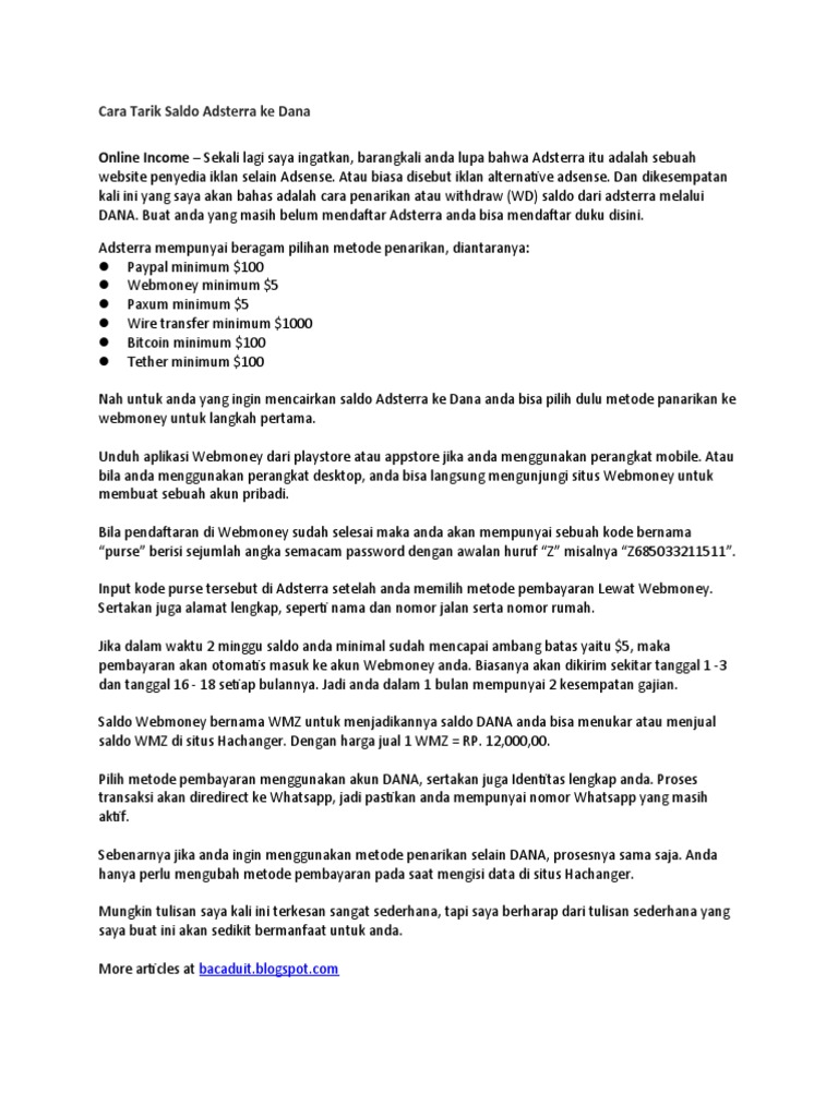 Cara Tarik Saldo Adsterra Ke Dana | PDF