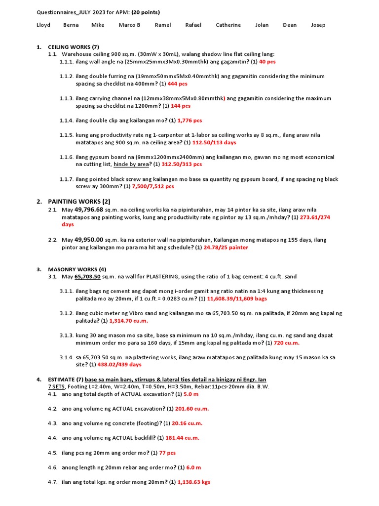 Questionnaires - JULY 2023 For APM 1 | PDF