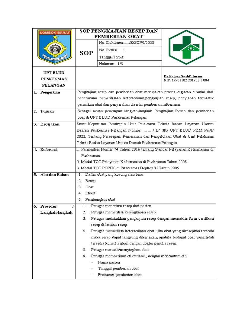 SOP Kajian Resep Dan Pemberian Obat | PDF