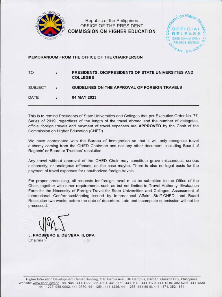 CHED Memorandum On The Approval of Foreign Travels | PDF