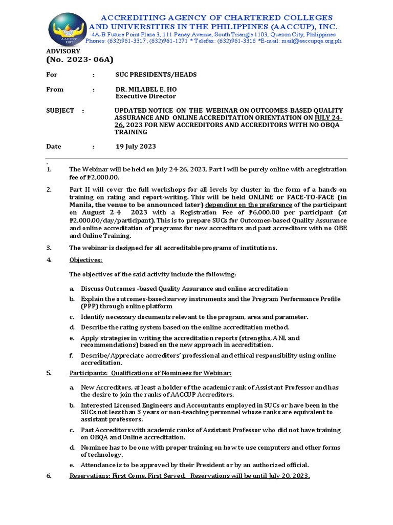 AACCUP AdvisoryNo. 2023 06A Webinar On OBQA and Online Accreditation | PDF