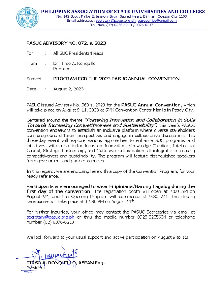 ADVISORY NO. 072 S. 2023 PROGRAM FOR THE 2023 PASUC ANNUAL CONVENTION ...