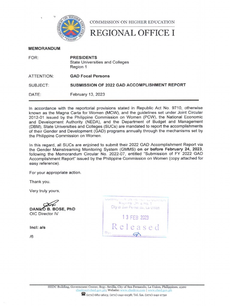 Memorandum - Submission of 2022 Gad Accomplishment Report | PDF